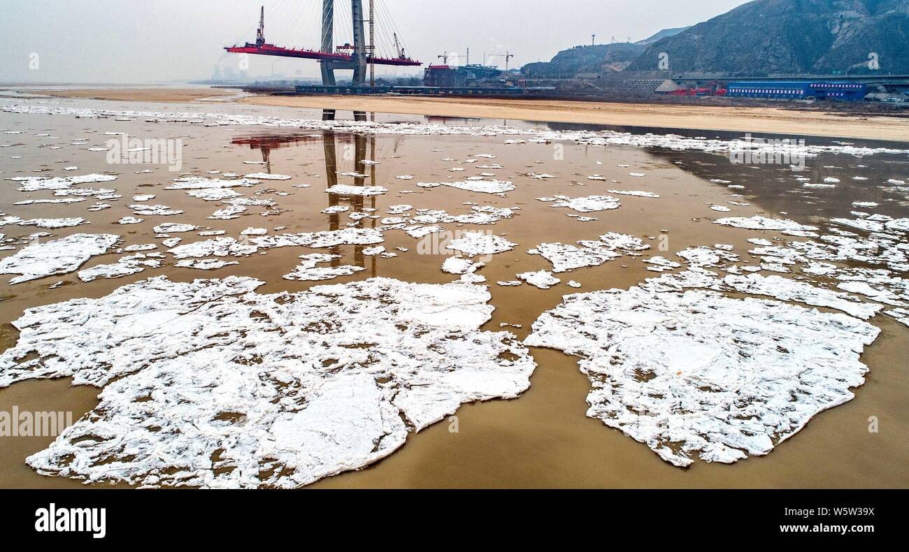 Aerial view of ice chunks floating on Yumenkou section of the Yellow ...
