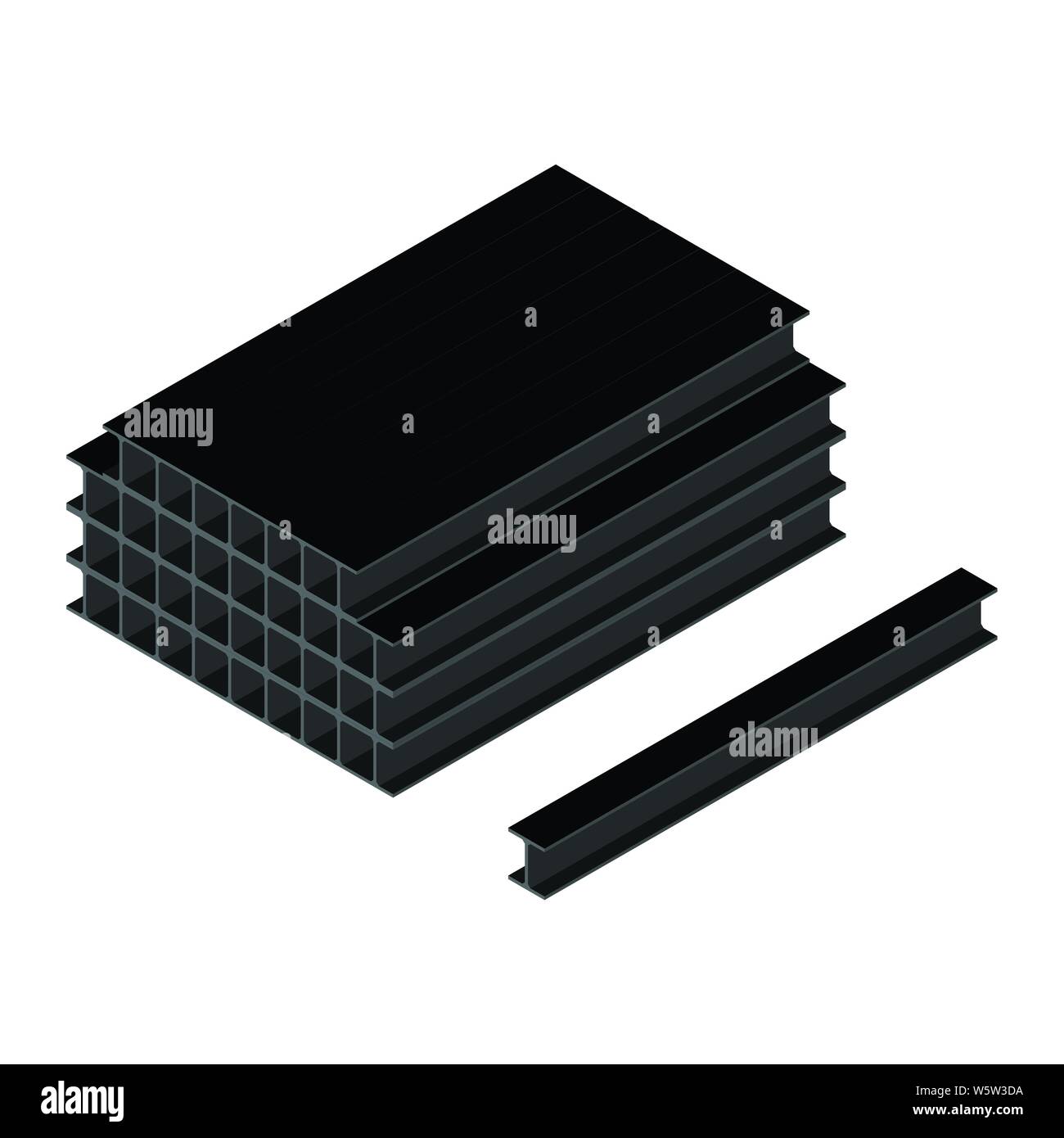 Stack of black steel beams isolated on white background isometric view ...
