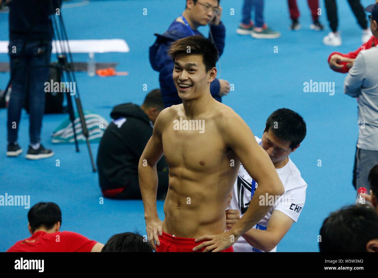 Chinese swimming Olympic champion Sun Yang takes part in a training ...