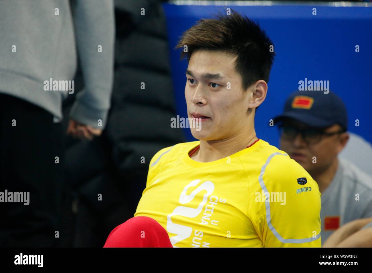 Chinese swimming Olympic champion Sun Yang takes part in a training ...