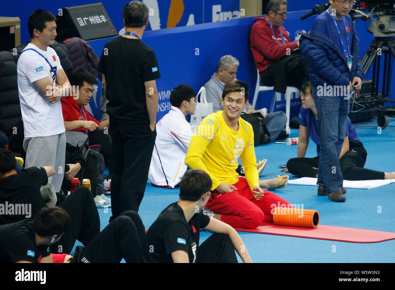 Chinese swimming Olympic champion Sun Yang takes part in a training ...