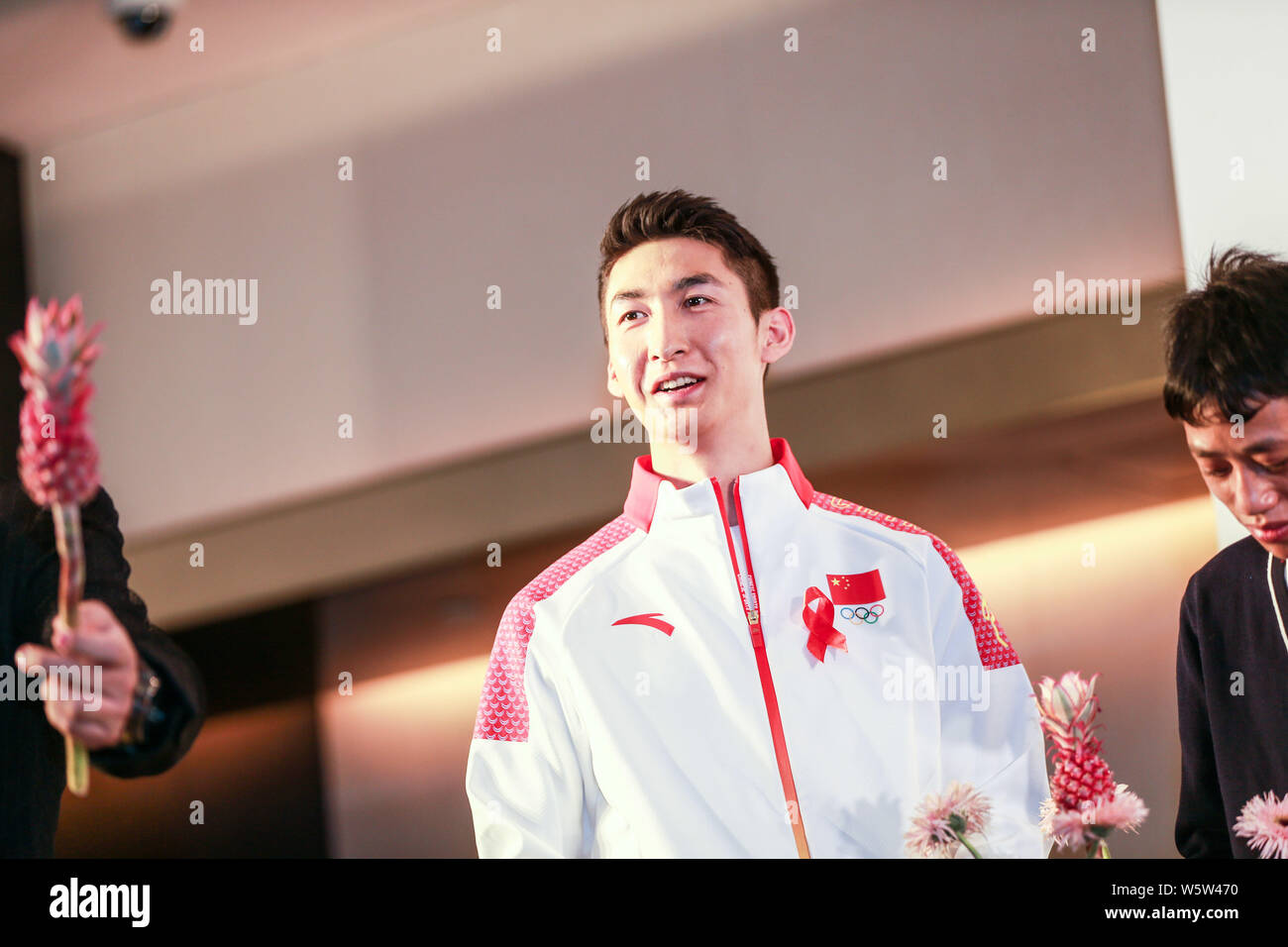 Chinese short track speed skater Wu Dajing, the winner of the men's 500 ...