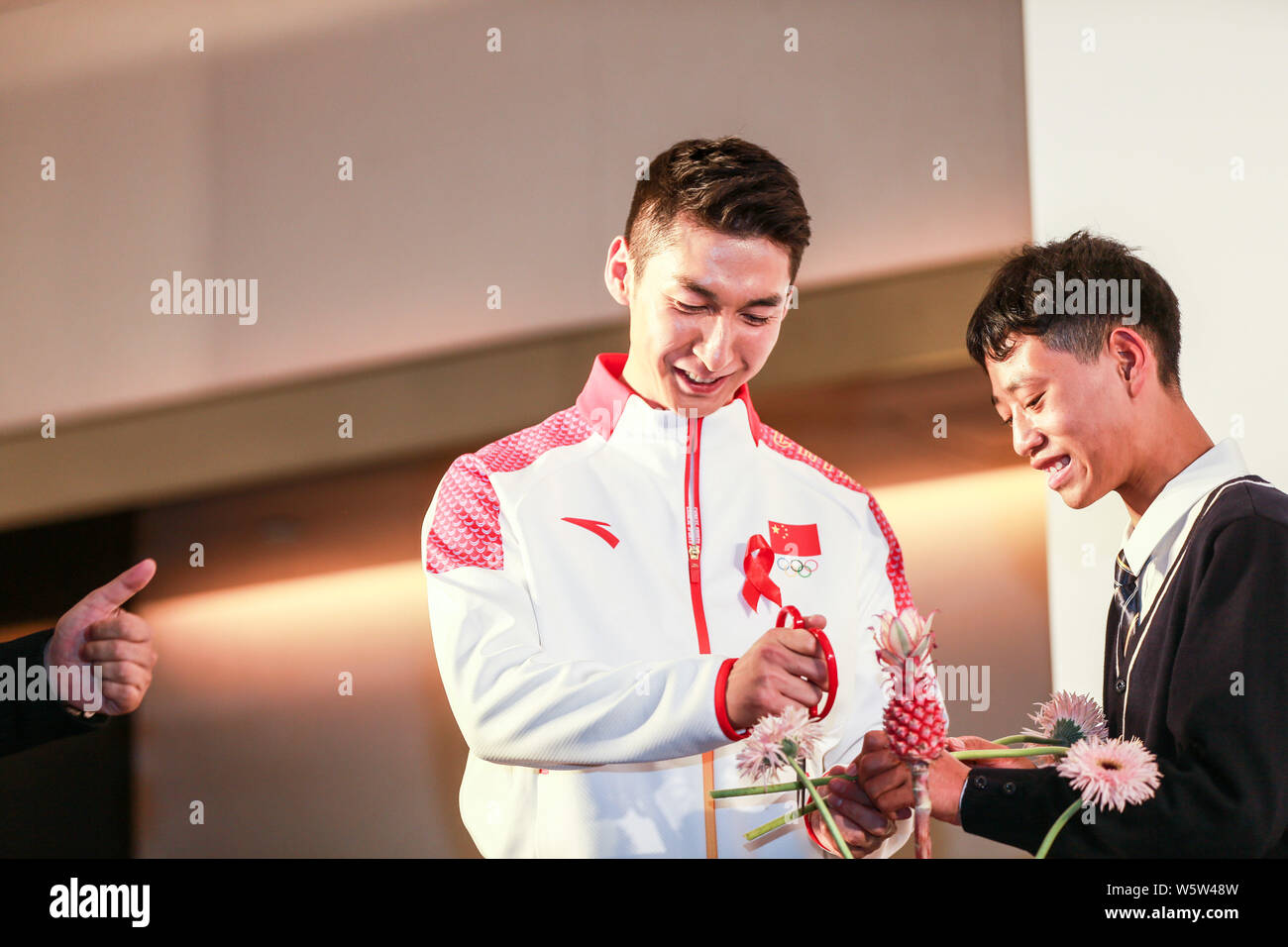 Chinese short track speed skater Wu Dajing, the winner of the men's 500 ...
