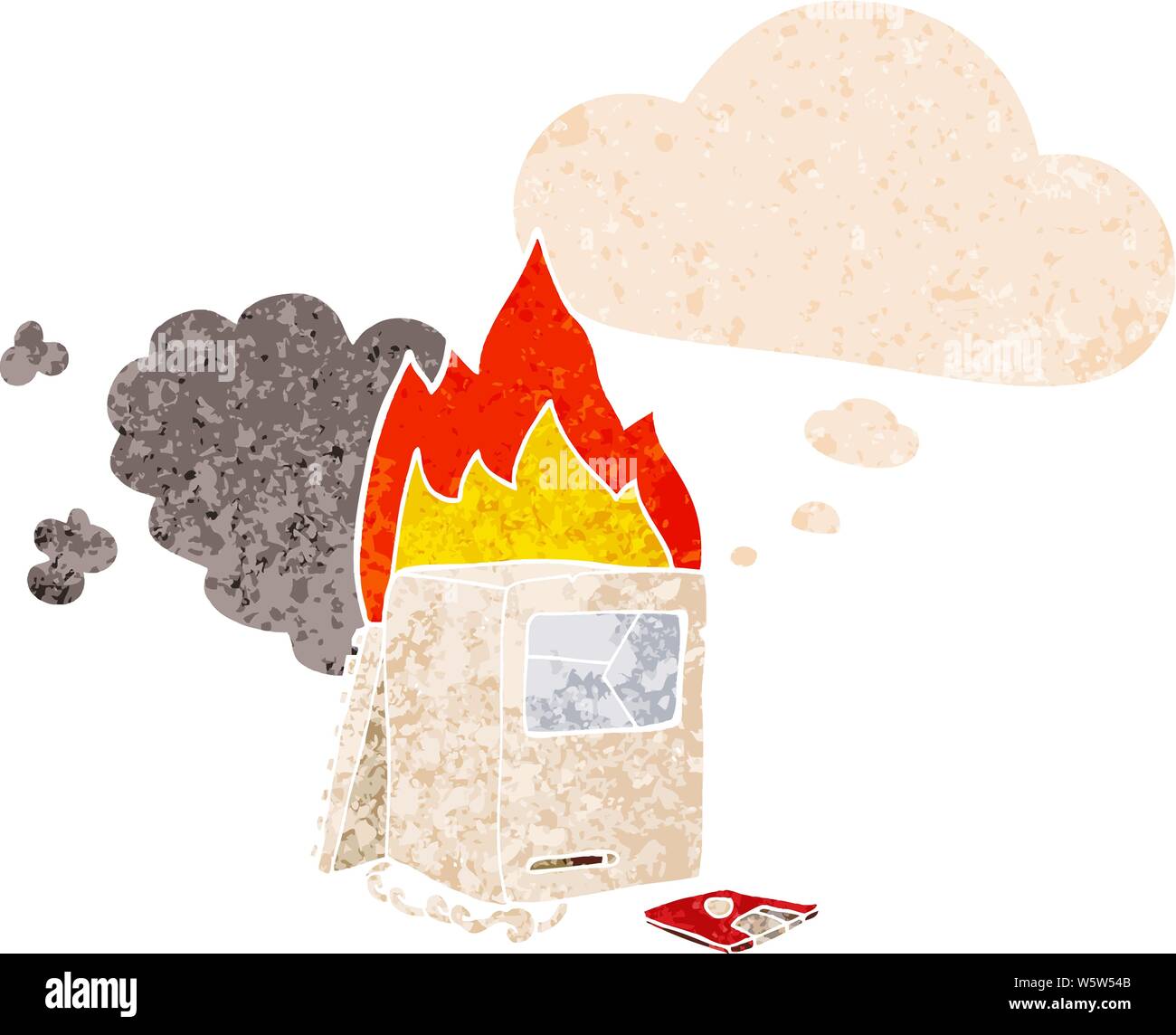 cartoon broken computer with thought bubble in grunge distressed retro ...