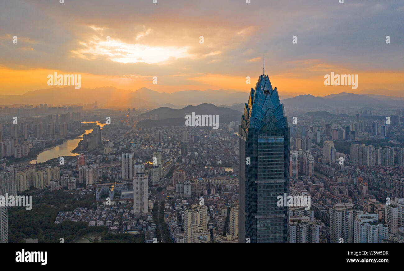 Aerial view of the Wenzhou World Trade Center and other buildings in ...