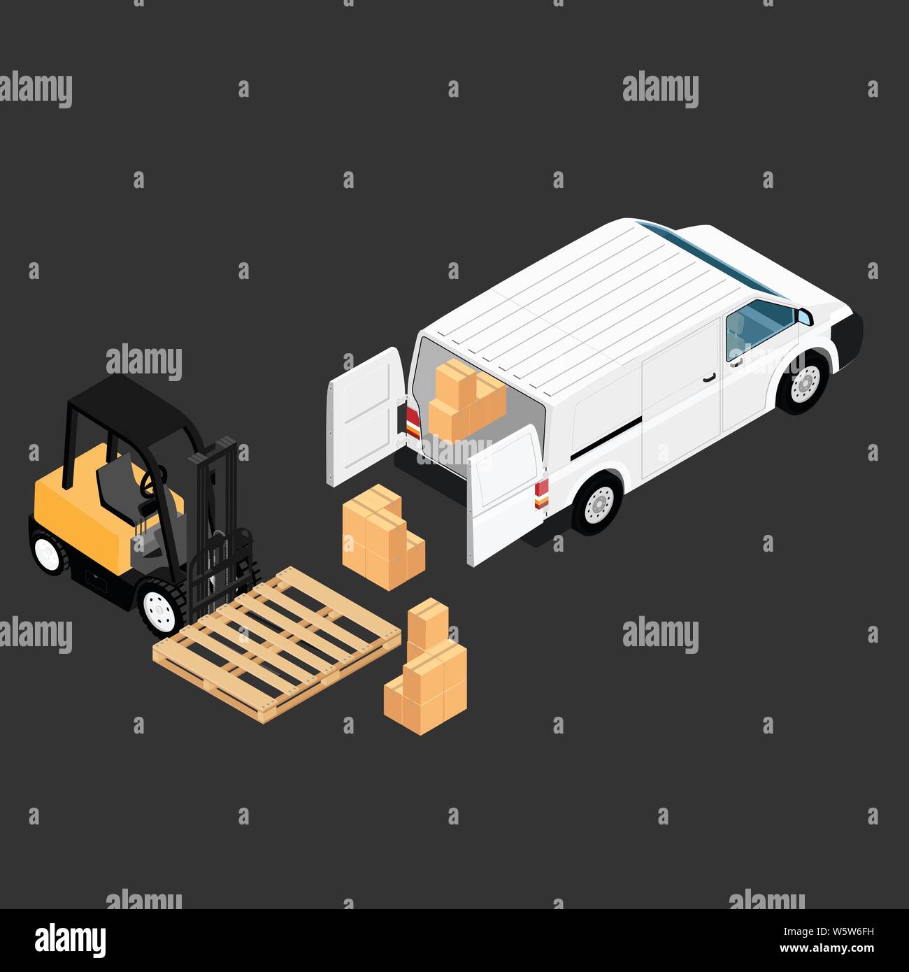 Forklift loading cardboard boxes in white minivan cargo delivery ...