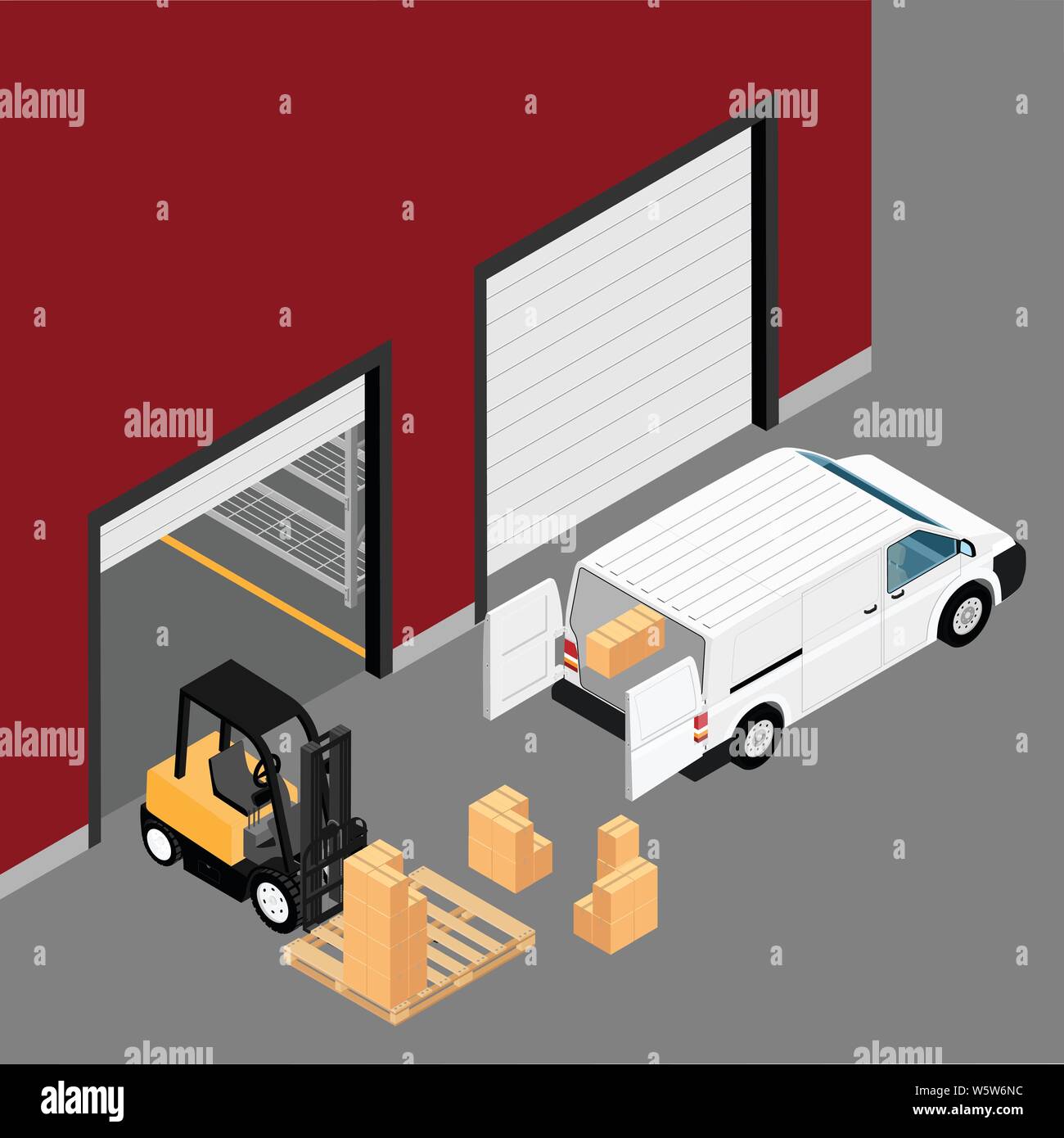 Warehouse building facade cargo transporting process, delivery lorry ...