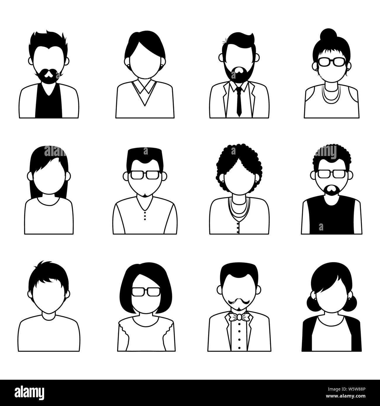 Set of people faceless characters icons in black and white Stock Vector ...