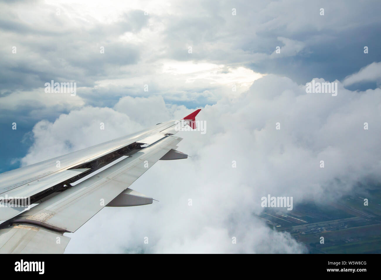 high view image through airplane window with nice clear blue sky Stock ...