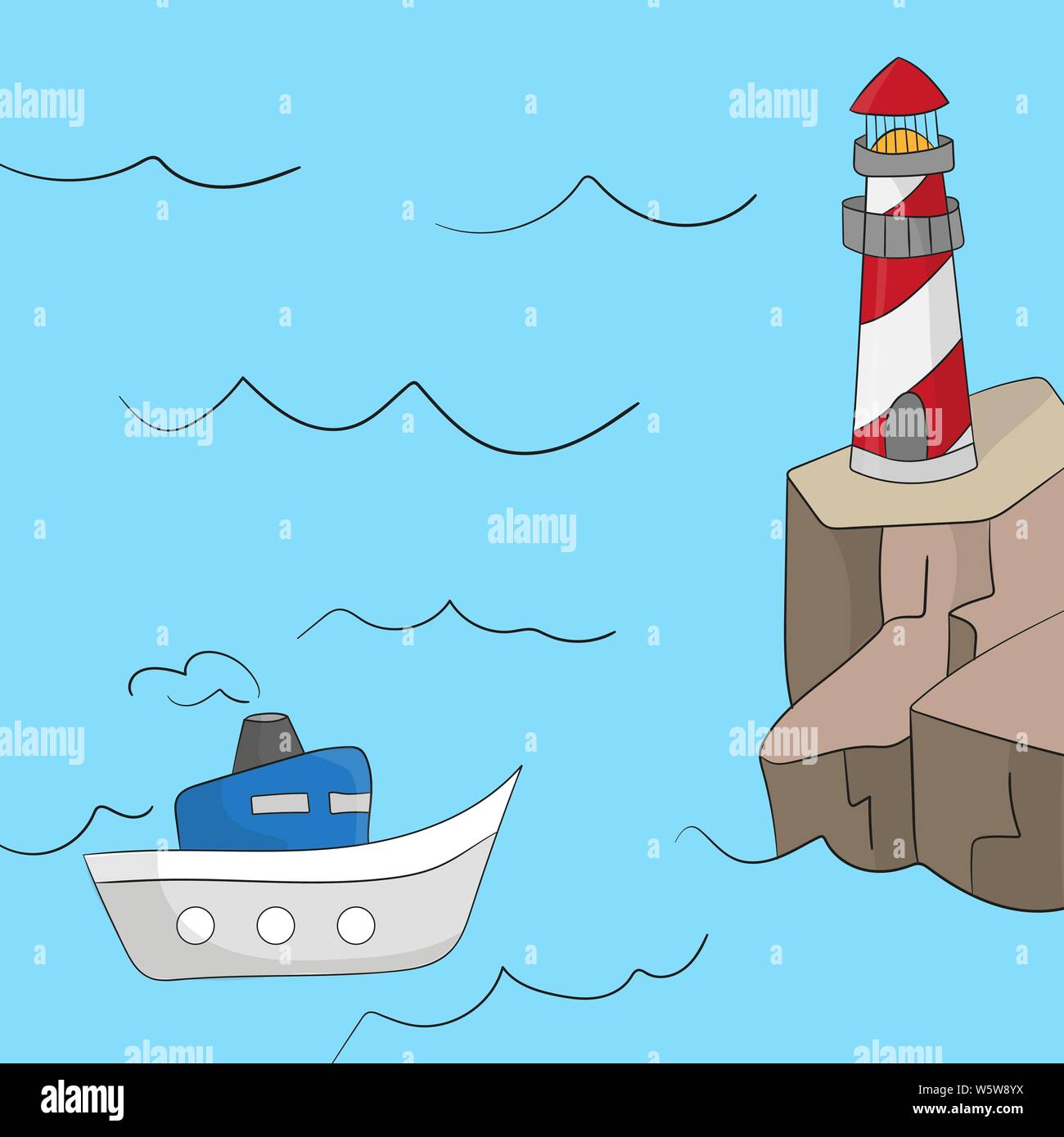 Lighthouse on ocean or sea beach cartoon background vector illustration ...