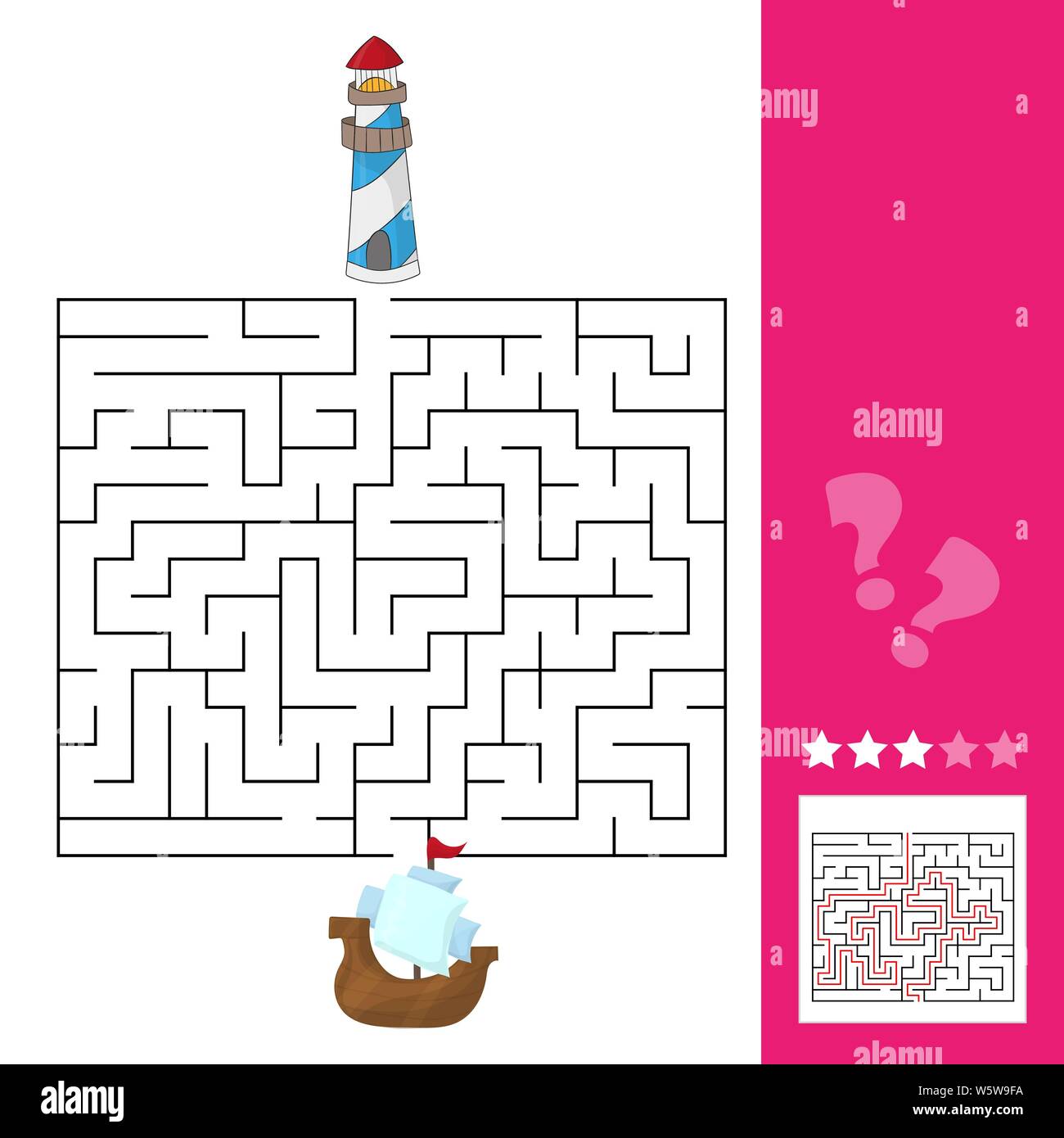 Maze game for children. Help the boat get to the lighthouse. Game for ...
