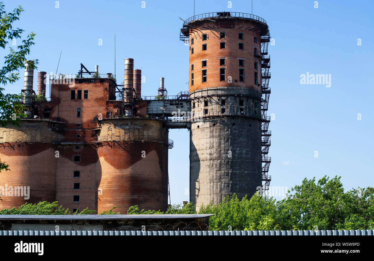 old destroyed brick factory building, horizontal photo, summer day ...