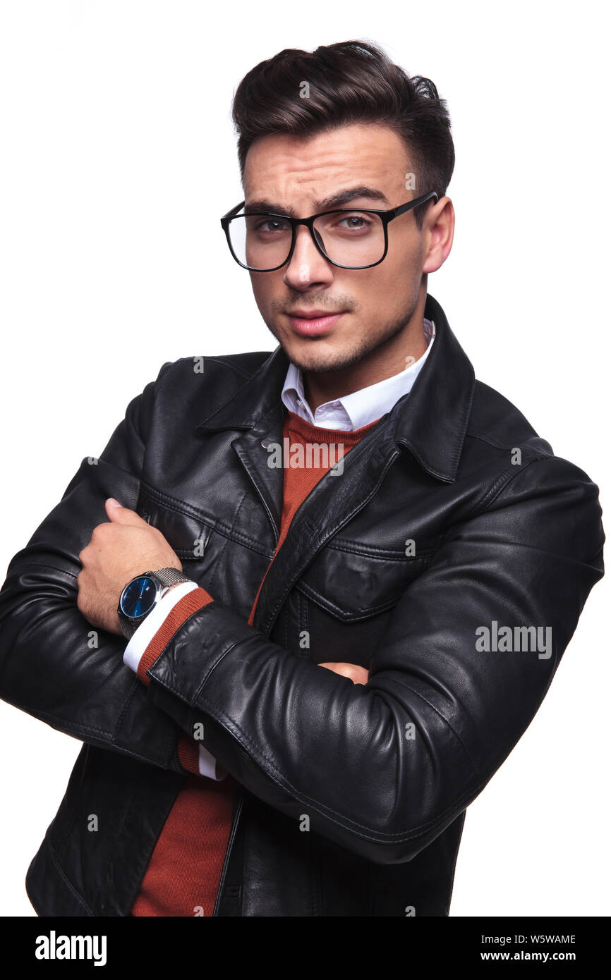 Man In Leather Jacket, Arms Crossed High Resolution Stock Photography ...