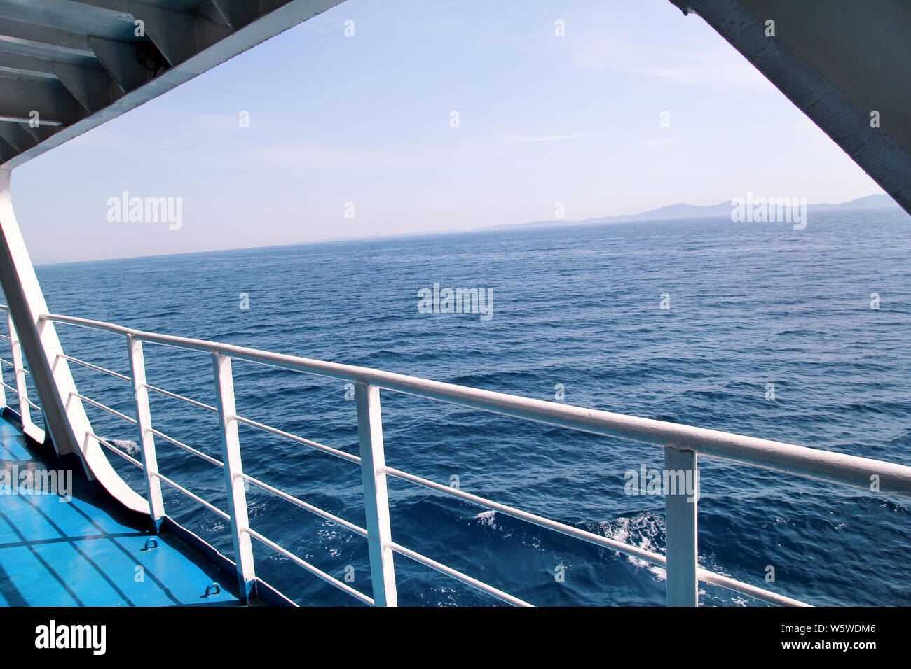 Details of passenger boat. Cruise ship deck. Picturesque view from ship ...