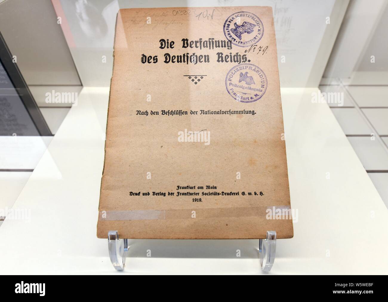 Weimar, Germany. 30th July, 2019. An edition of the Reich Constitution ...