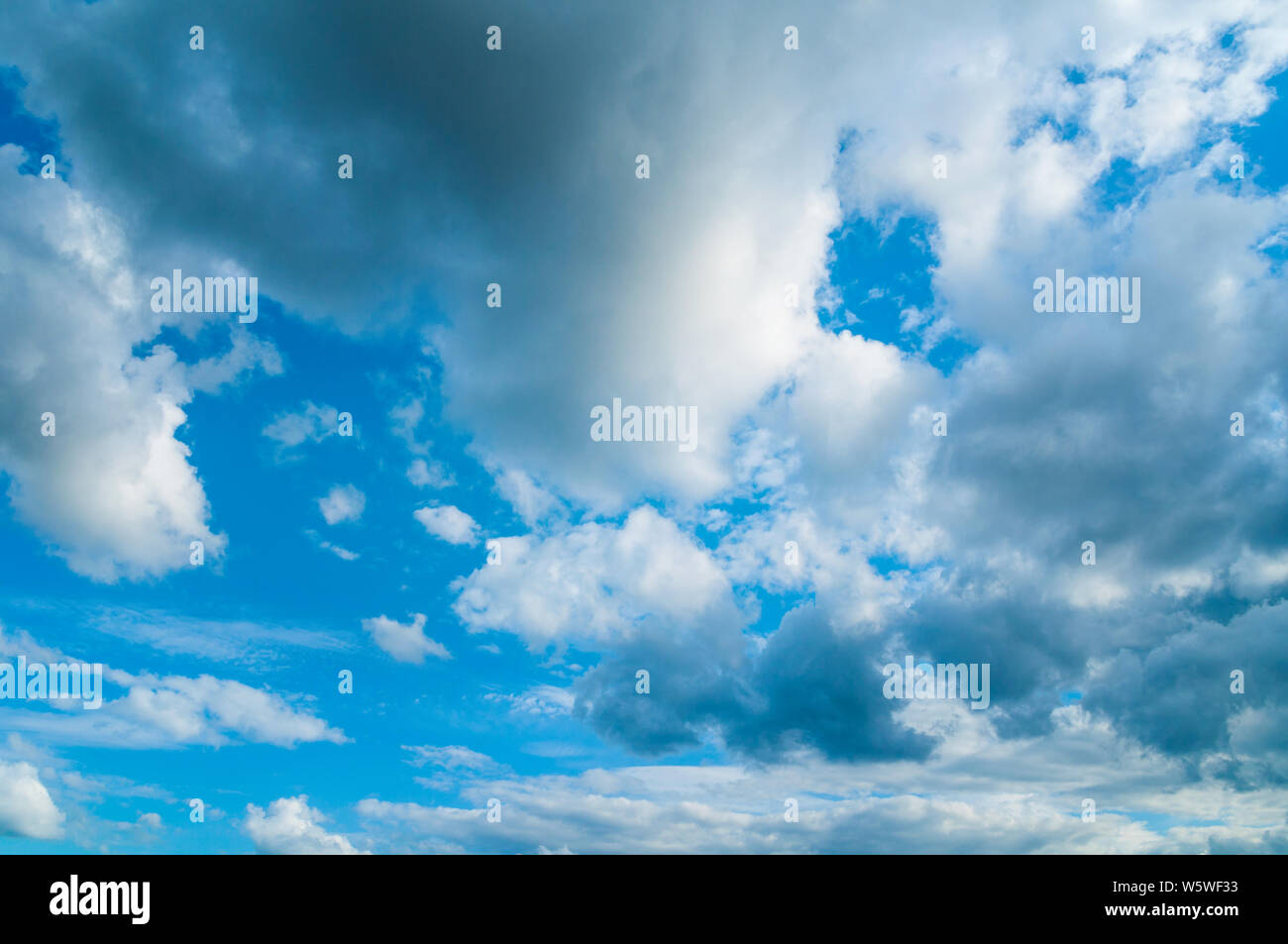 Blue dramatic sky background - white dramatic colorful clouds lit by ...