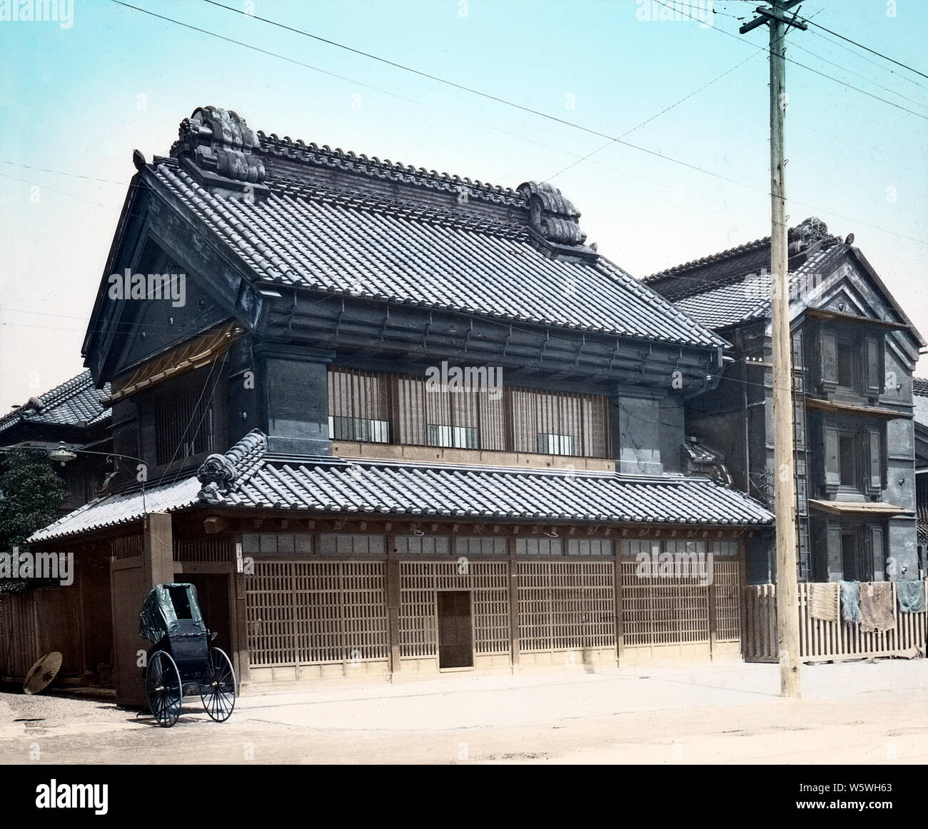 [ 1890s Japan - Japanese Mud Wall House ] — A rickshaw is parked in ...