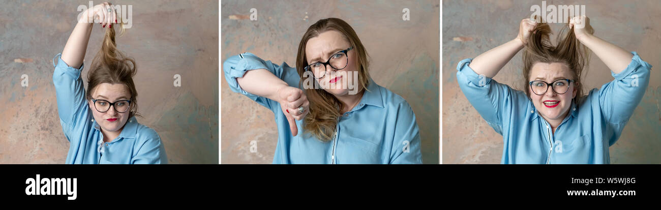 collage Portrait of attractive plus size woman having anger emotions ...