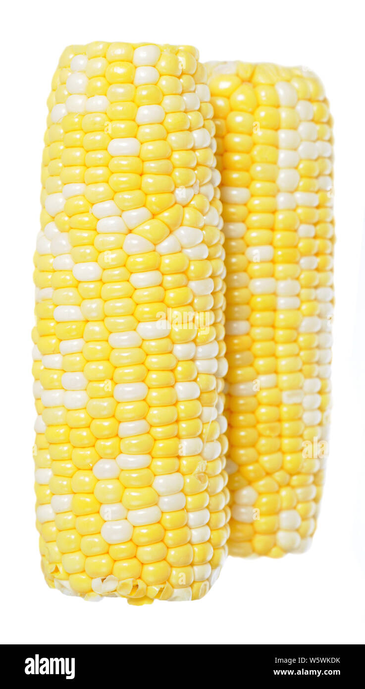 two fresh corns in cob isolated on white background Stock Photo - Alamy