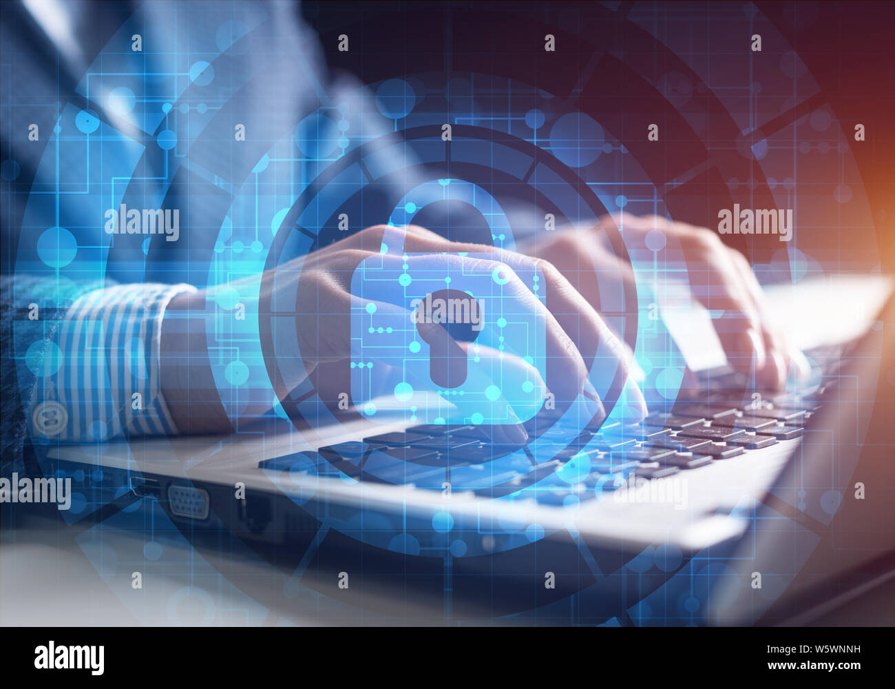 Digital cybersecurity and network protection concept. Virtual locking ...