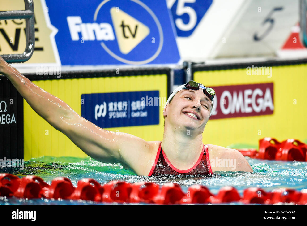 Hungarian competitive swimmer Katinka Hosszu looks on in the pool after ...