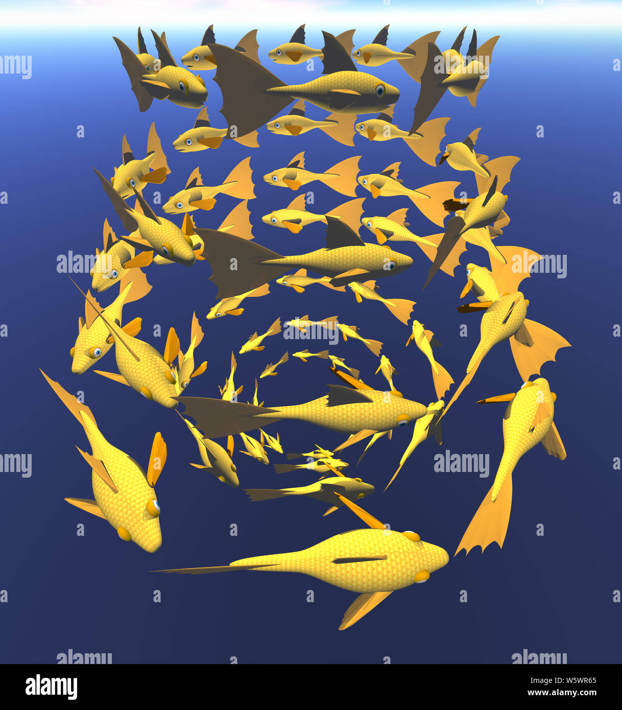 Illustration of tropical fish swimming in concentric circles in a blue ...