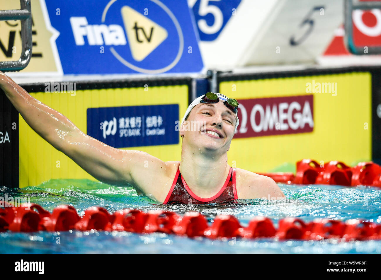 Hungarian competitive swimmer Katinka Hosszu looks on in the pool after ...