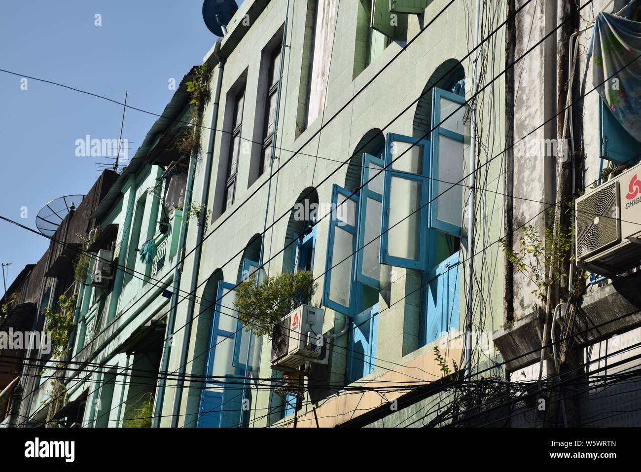 Close up of the colorful facades of old colonial buildings on the ...