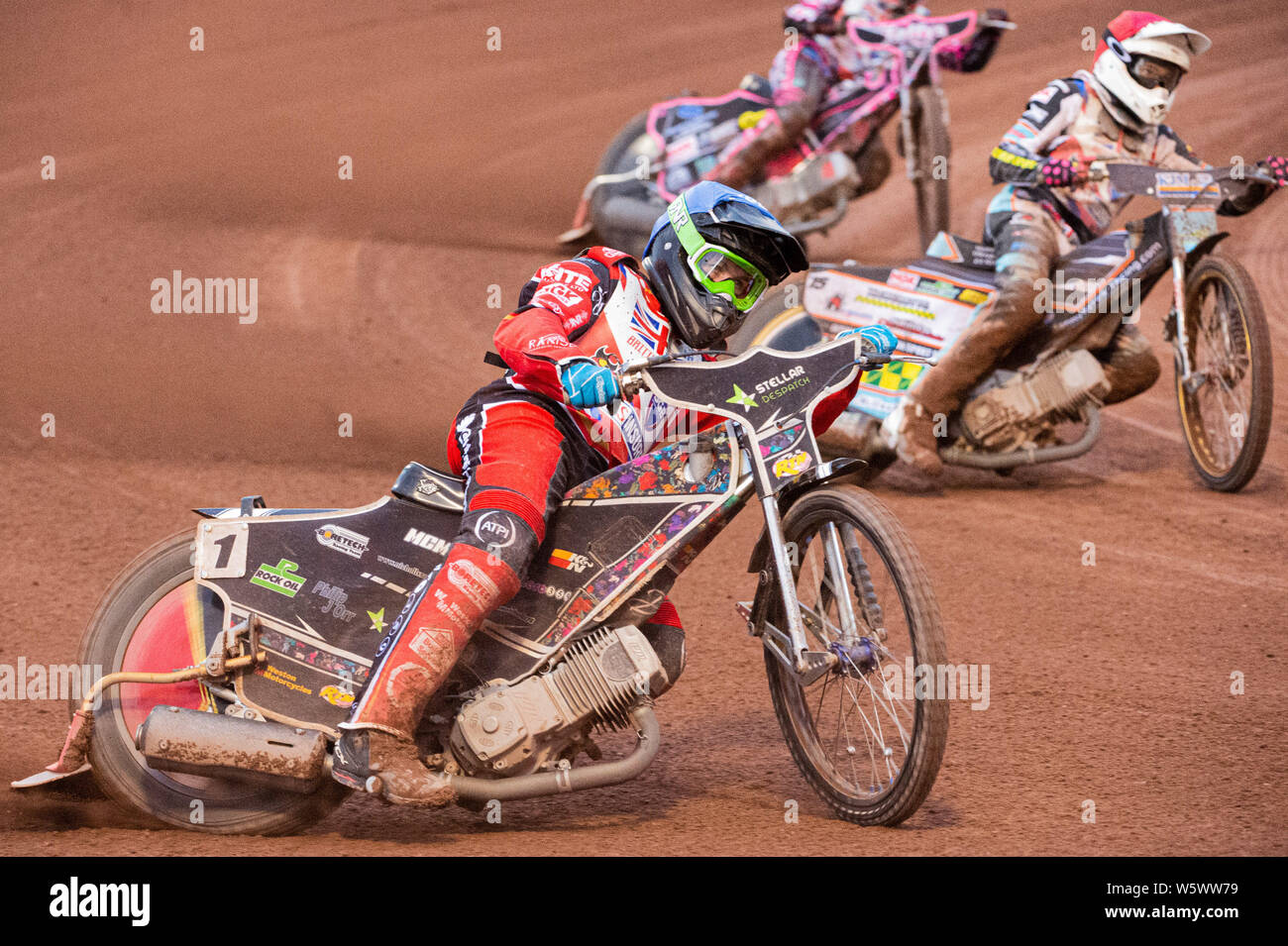 Manchester, England. 29th July 2019 Scott Nicholls (Blue) outside Danny ...