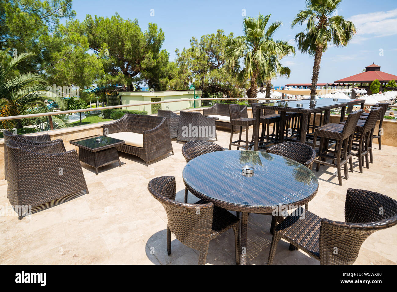 Cafe with round tables in the open air in Turkey Stock Photo - Alamy