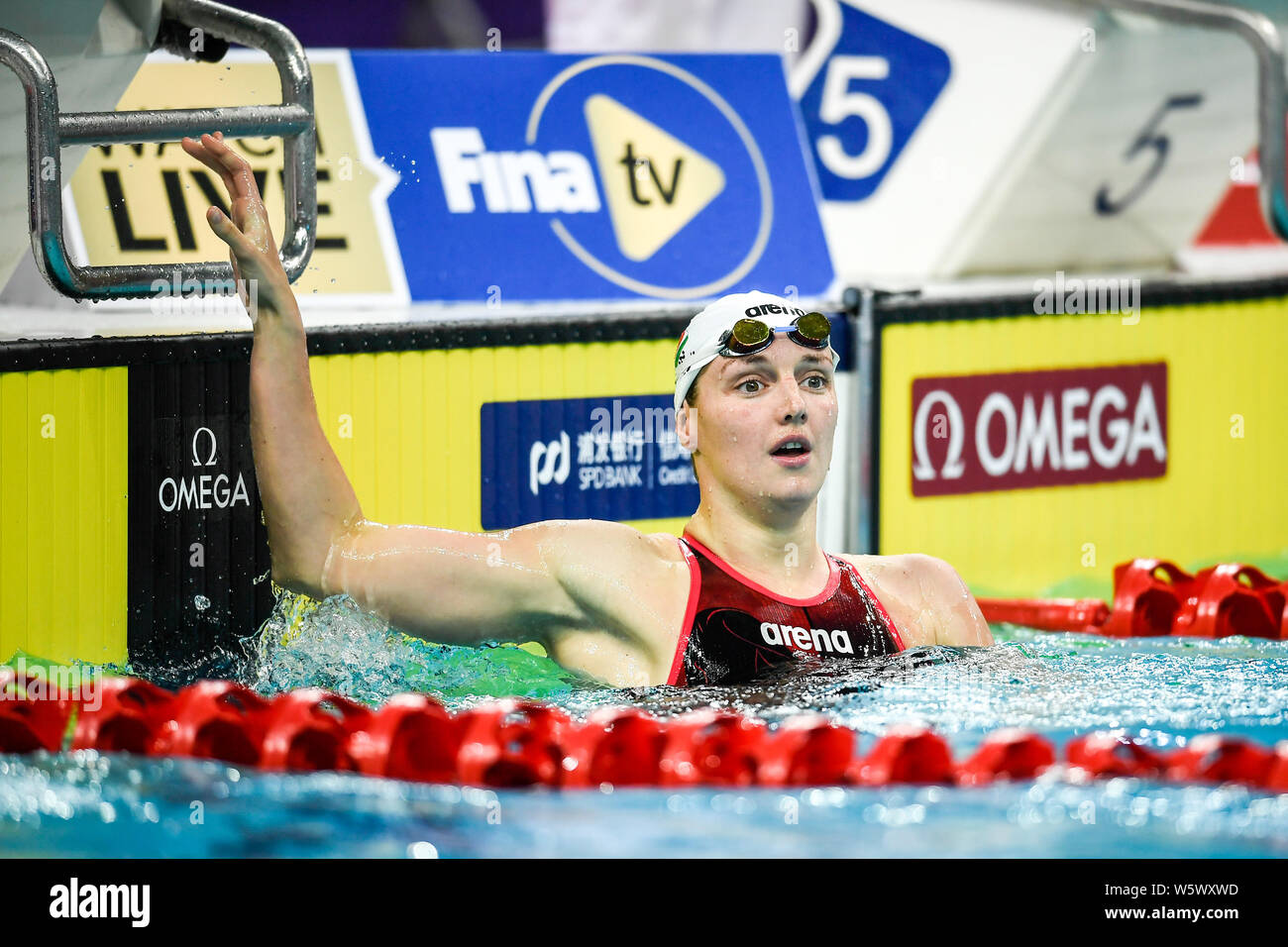 Hungarian competitive swimmer Katinka Hosszu looks on in the pool after ...