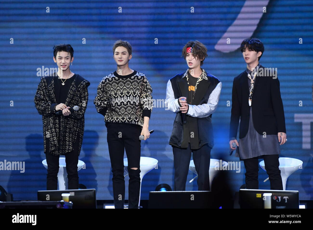 Members of Chinese boy group Nine Percent attend the launch event for ...