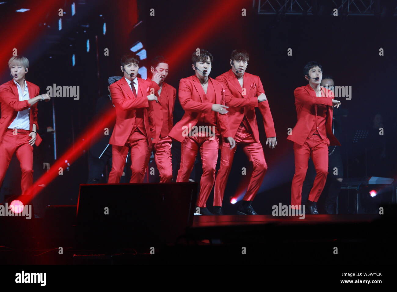 Members of South Korean boy band Shinhwa perform during the 2018 ...