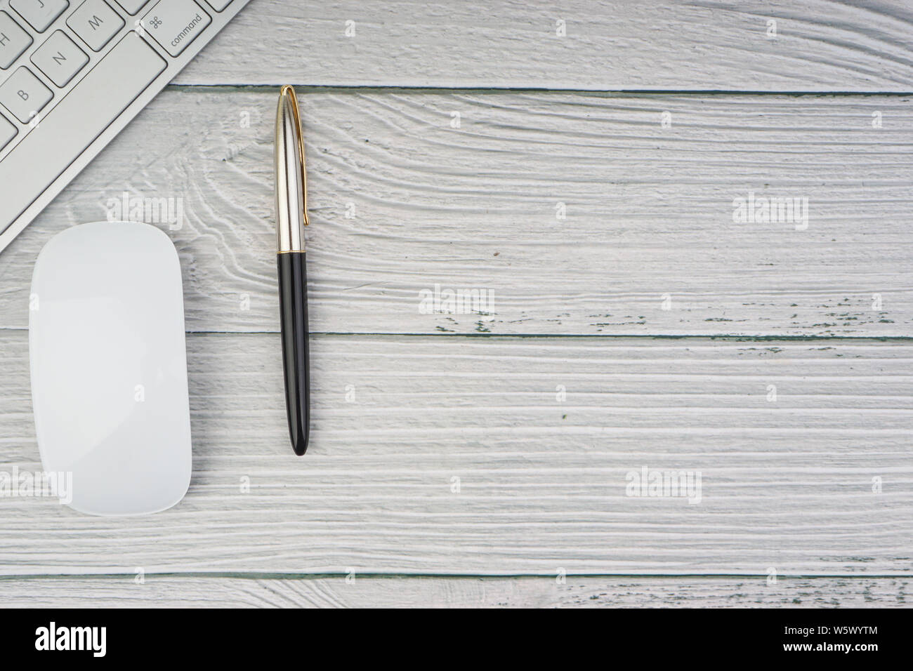 Flat lay, top view office table desk. Workspace with pen, mouse and ...