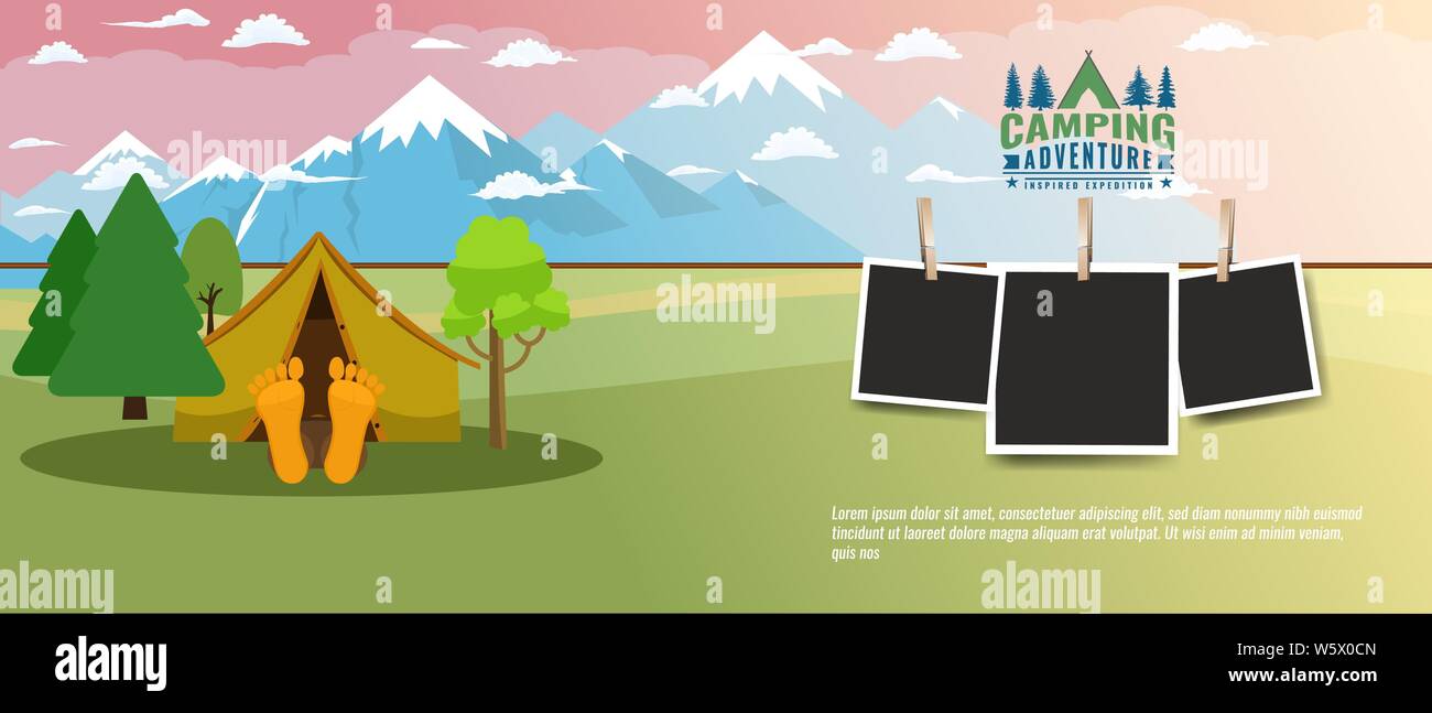 Camping concept flat horizontal banner. Tourism advertisement layout ...