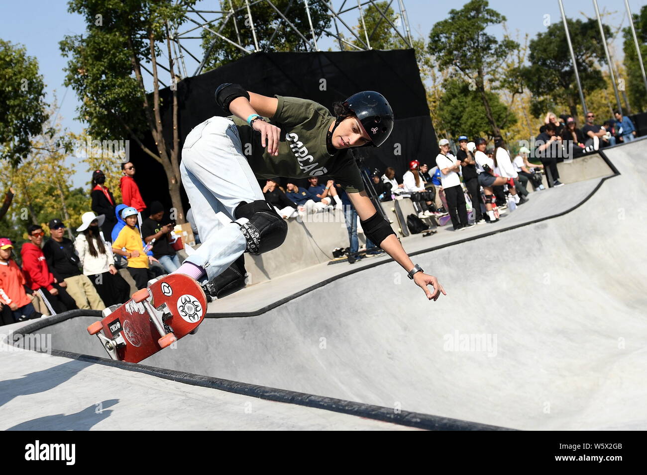 A player competes in the women's final match during the 2018 World ...
