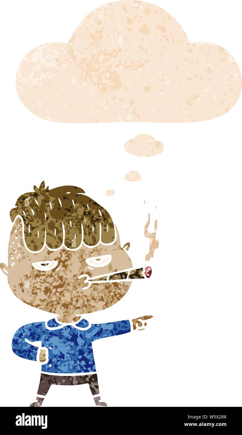 cartoon man smoking with thought bubble in grunge distressed retro ...