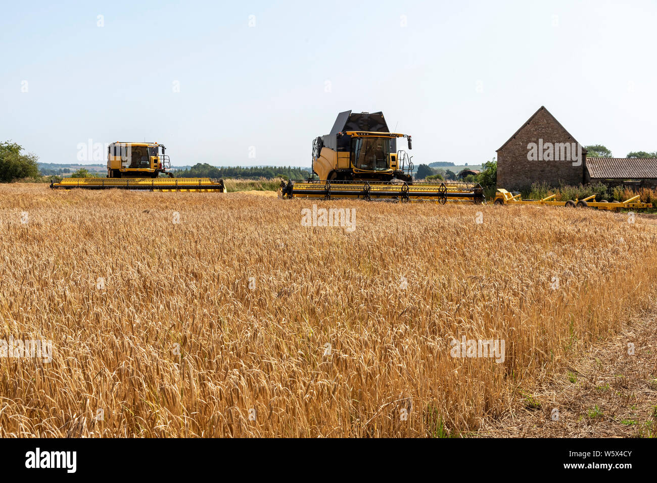 Cheltenham, Gloucestershire, England, UK. Two combine harvesters ...