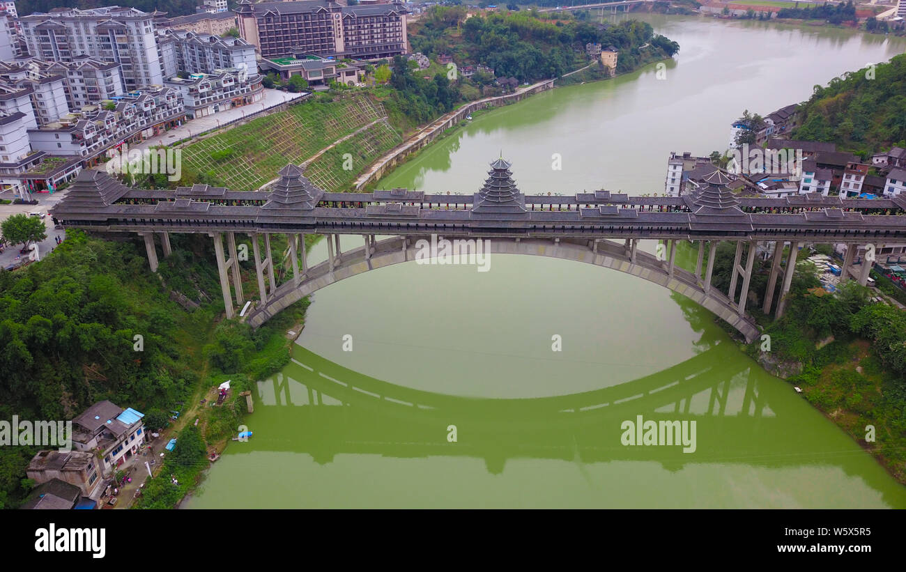 Aerial view of the Sanjiang Fengyu Qiao, a special kind of bridge that ...