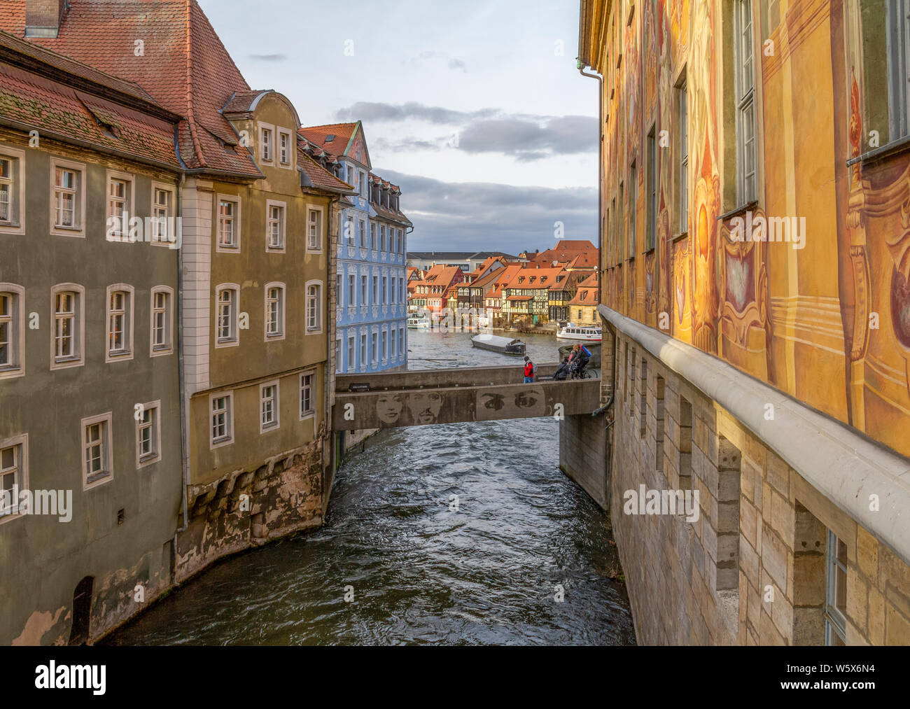 idyllic riverside scenery in Bamberg, a town in Upper Franconia ...