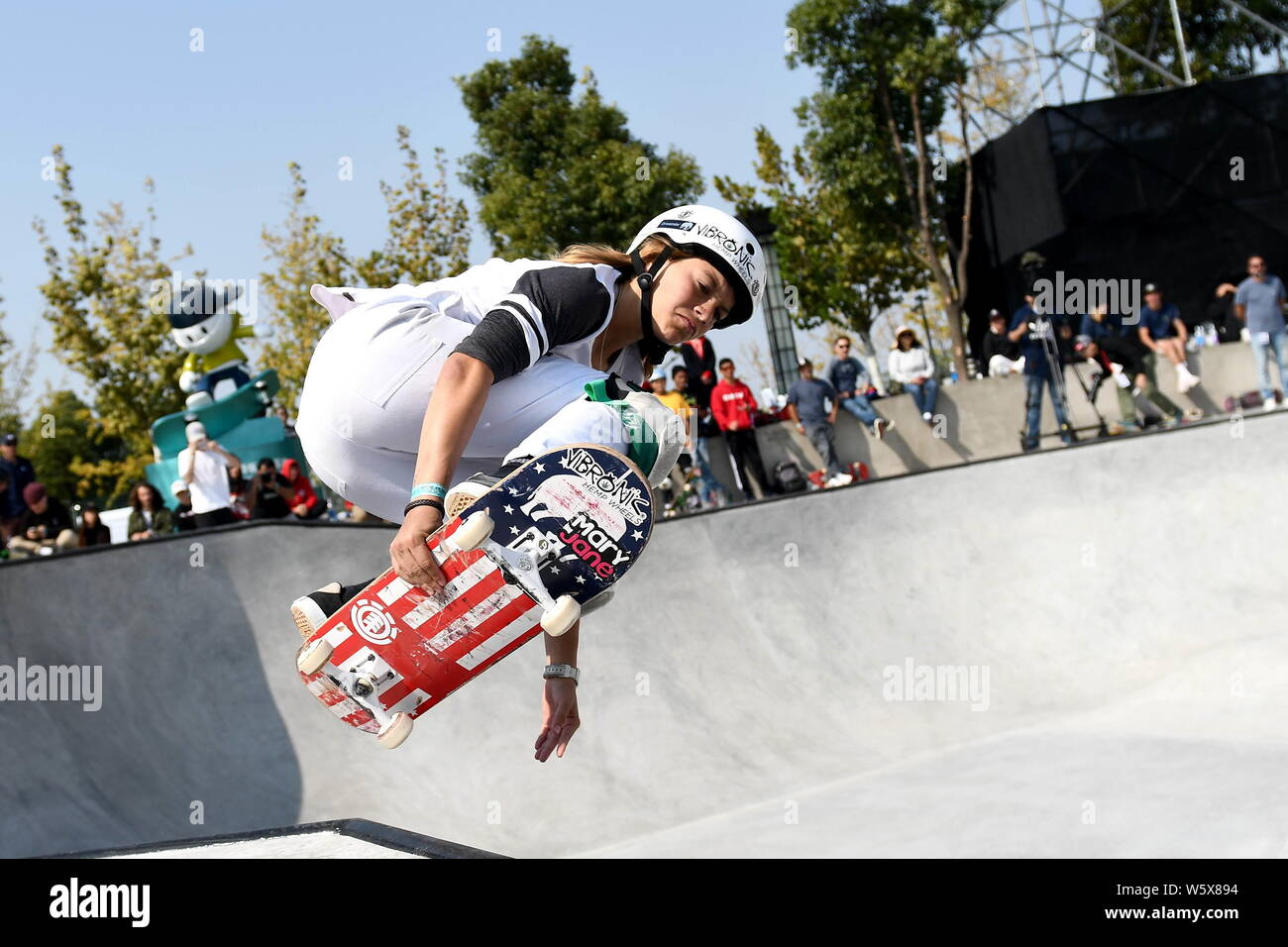 A player competes in the women's final match during the 2018 World ...