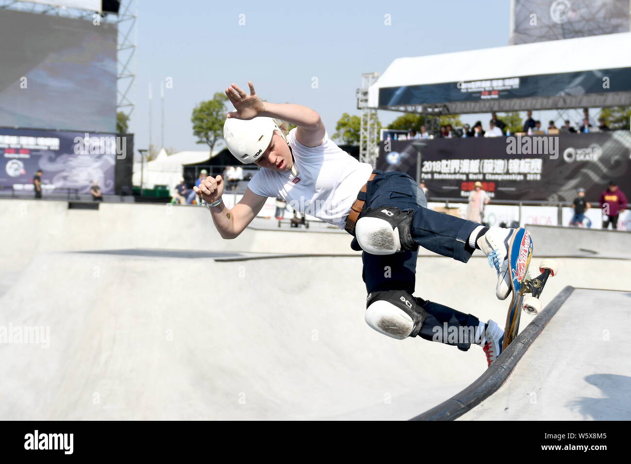 A player competes in the women's final match during the 2018 World ...