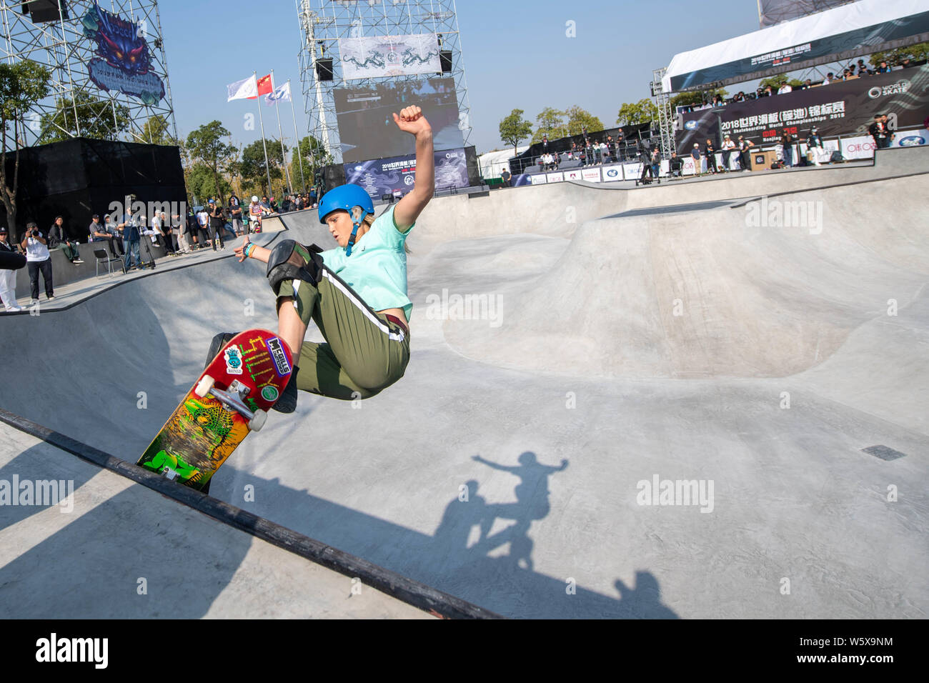 A player competes in the women's final match during the 2018 World ...
