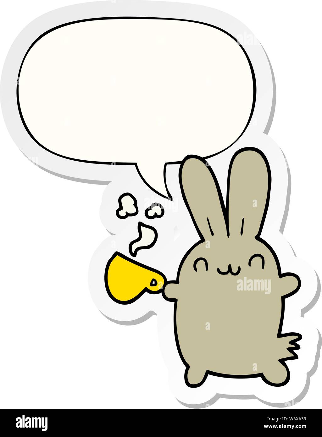 cute cartoon rabbit drinking coffee with speech bubble sticker Stock ...