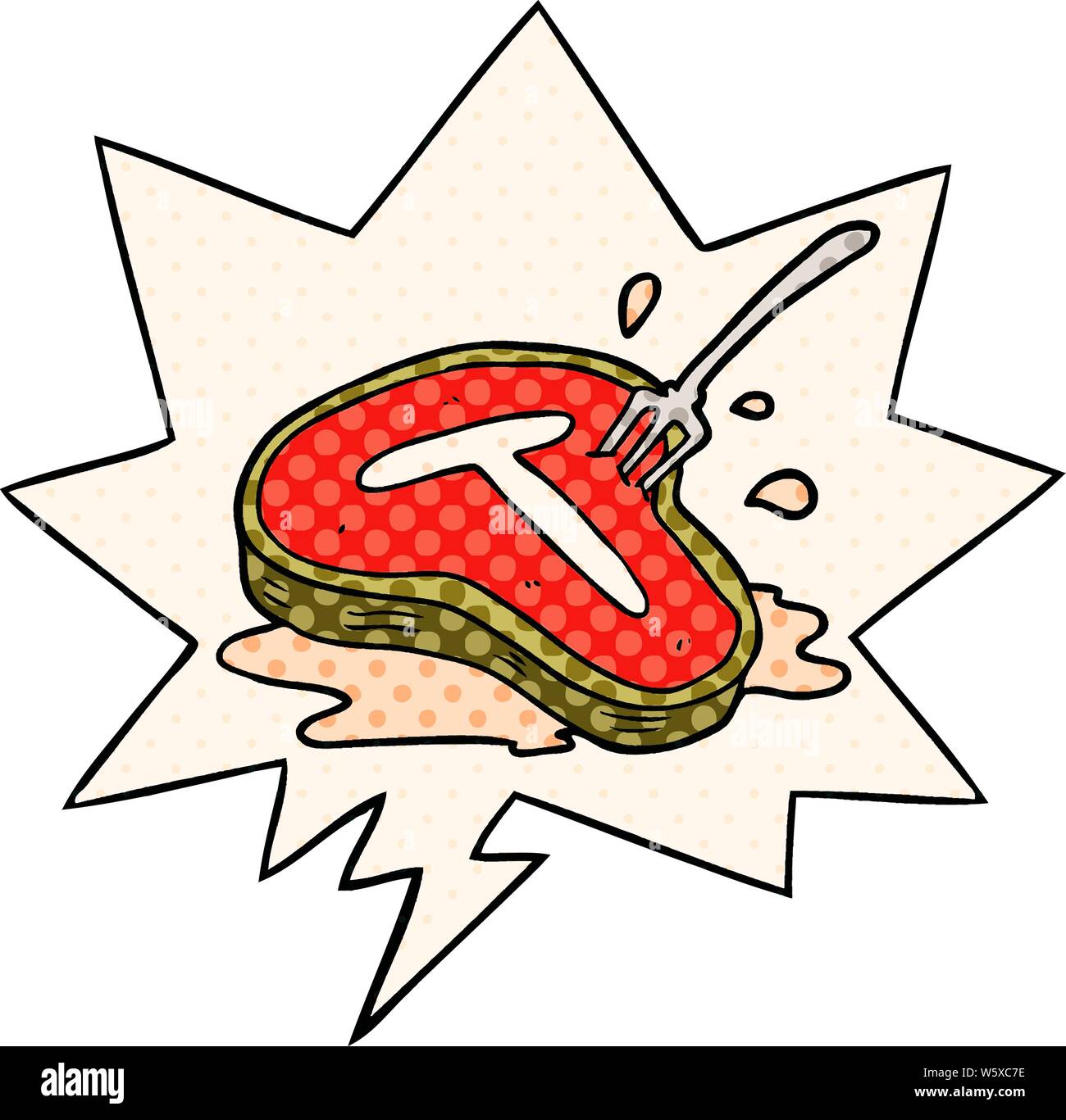 cartoon cooked steak and fork with speech bubble in comic book style ...