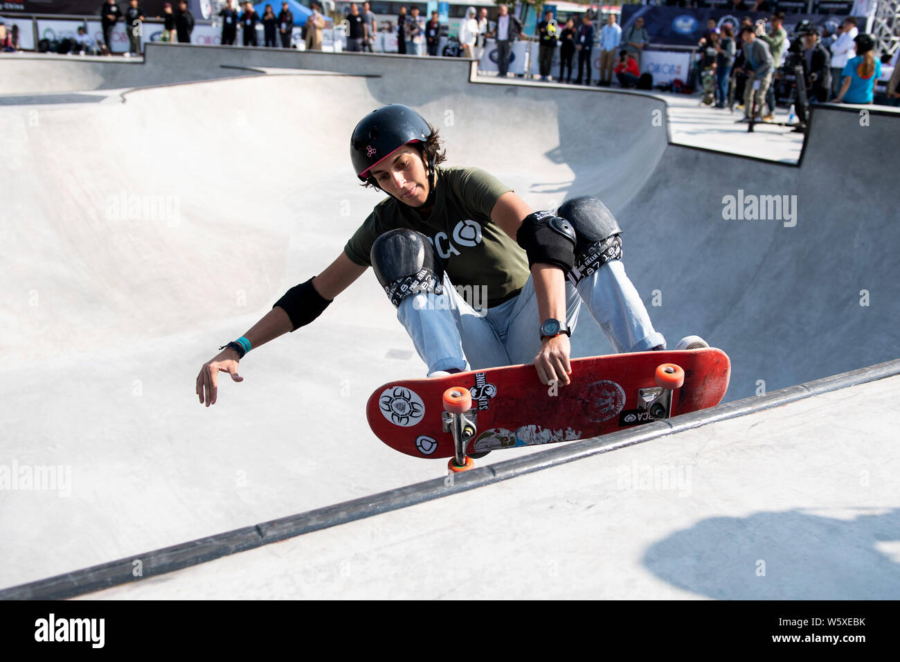 A player competes in the women's final match during the 2018 World ...