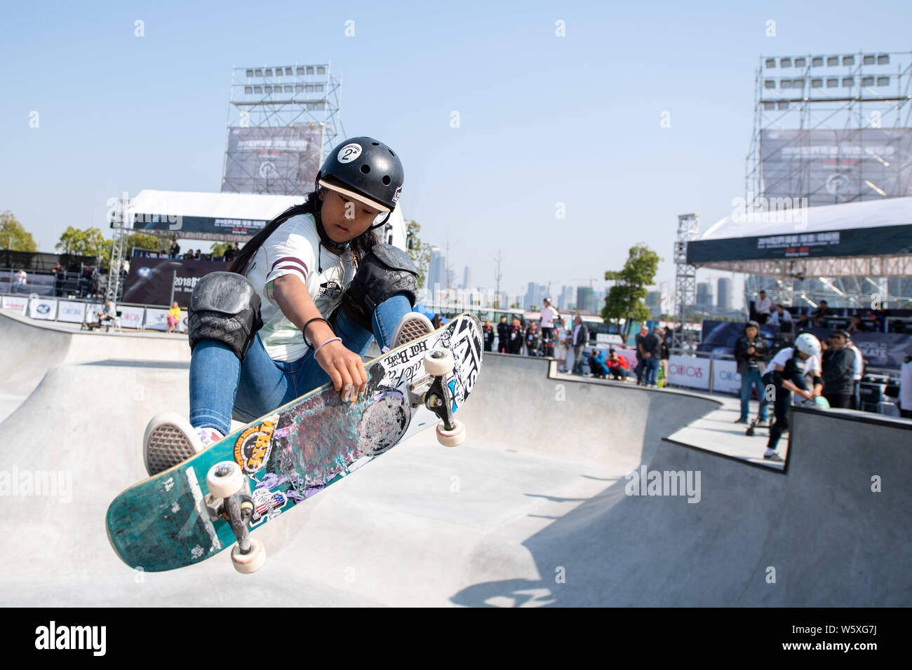 A player competes in the women's final match during the 2018 World ...