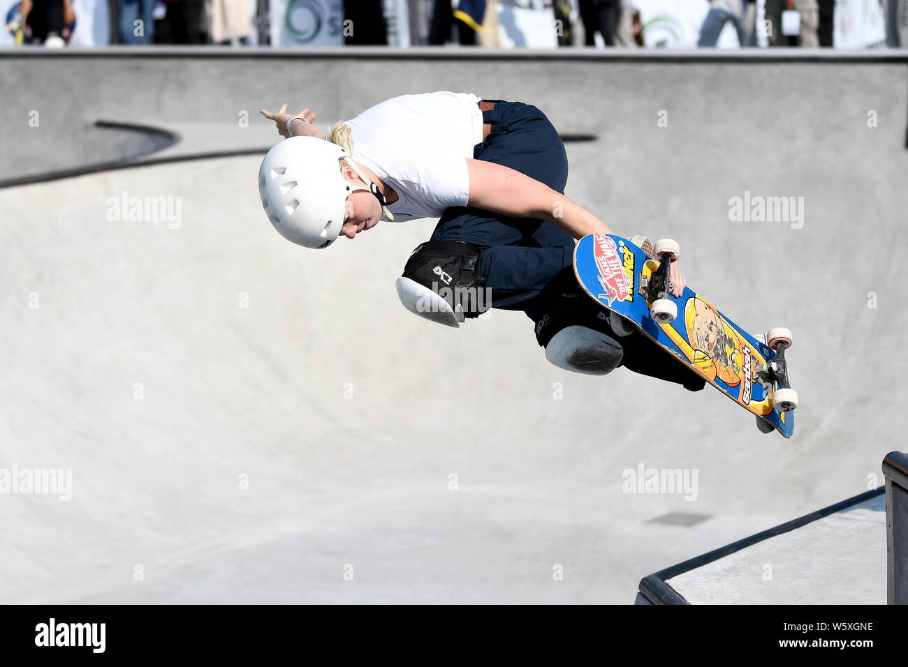 A player competes in the women's final match during the 2018 World ...