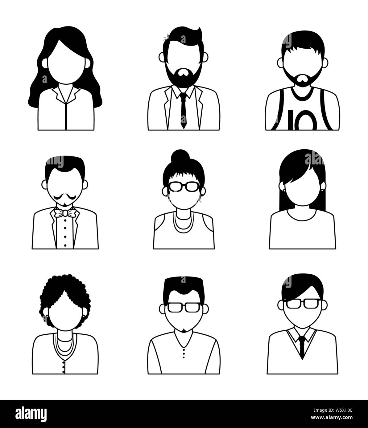 Set of people faceless characters icons in black and white Stock Vector ...