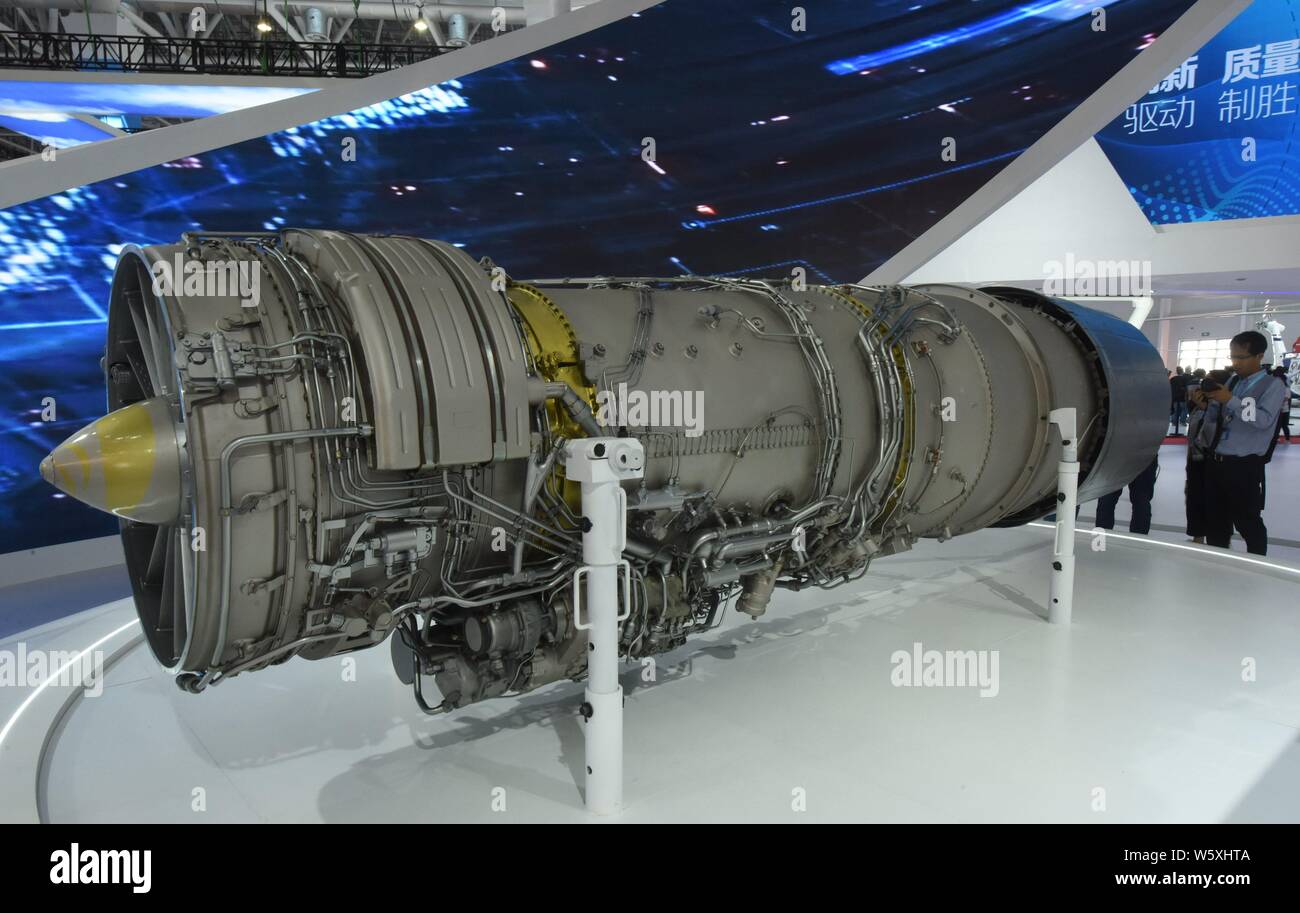 A Chinese WS-10 Taihang turbofan engine is on display during the 12th China International ...